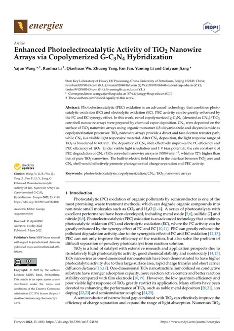 [pdf] Enhanced Photoelectrocatalytic Activity Of Tio2 Nanowire Arrays Via Copolymerized G C3n4