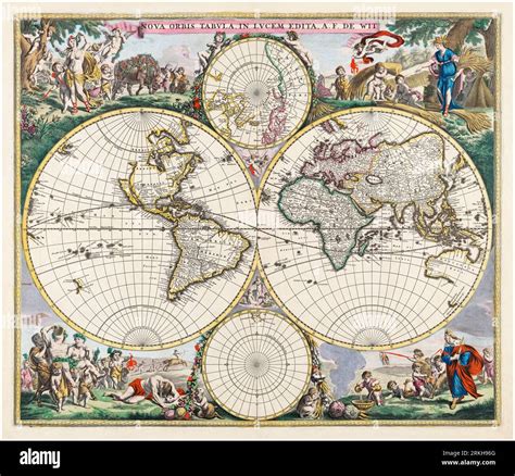 Vintage 17th Century Dutch World Map By Frederik De Wit Circa 1670