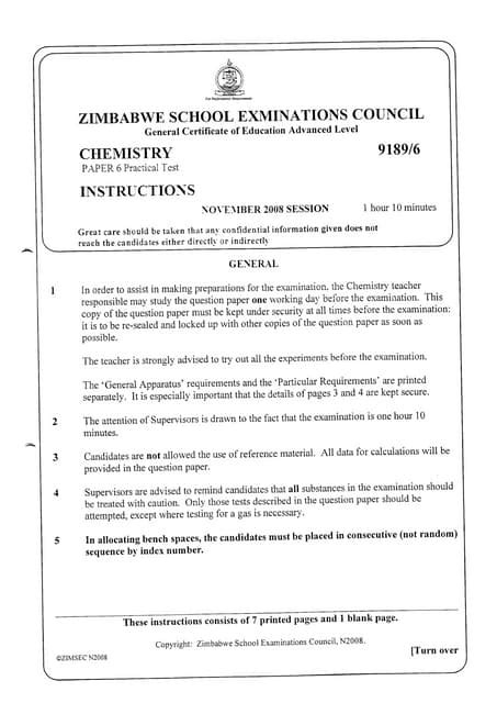 Chemistry Paper 6 Practical Tests November 2008 Session Advanced Level