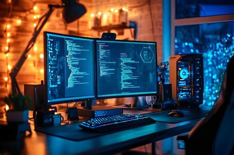 A Modern Workspace Featuring Dual Monitors And Ambient Lighting