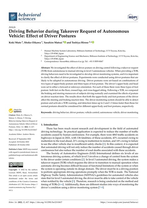 Pdf Driving Behavior During Takeover Request Of Autonomous Vehicle Effect Of Driver Postures