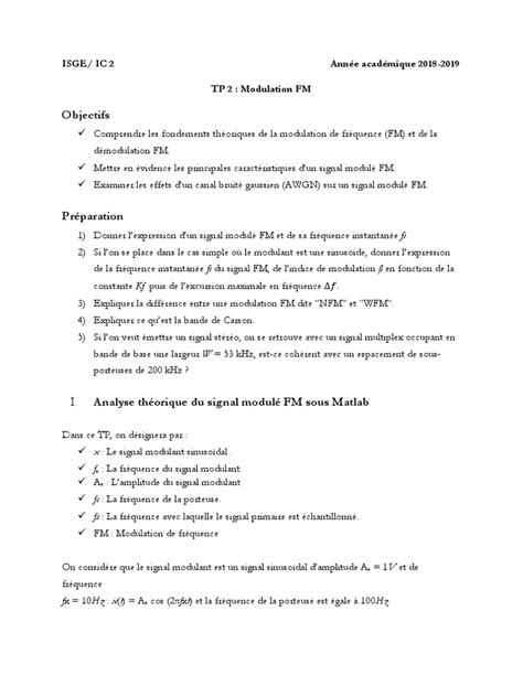 Tp2 Modulation Fm 2018 2019 Pdf Modulation De Fréquence Modulation
