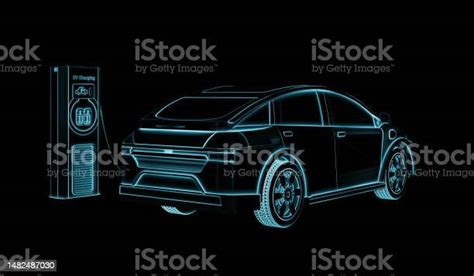 스캔 Ev 자동차 또는 전기 자동차 충전 배터리 플러그를 충전소로 연결 전기 자동차 대체 연료 자동차에 대한 스톡 벡터 아트 및