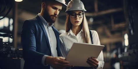 Premium Photo Engineers Both Male And Female Collaborating On Industrial Plans Using A Tablet