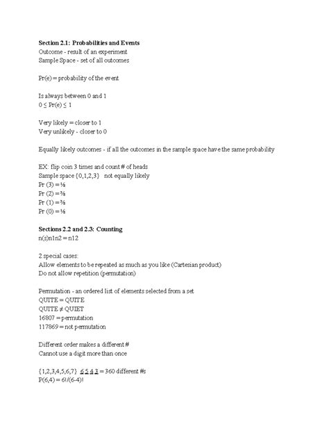 Finite Chapter 2 Notes Section 2 Probabilities And Events Outcome Result Of An Experiment