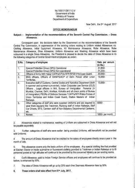 Dress Allowance Implementation In 7th Cpc Recommendations Post Next