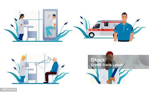 현대 평면 의료 보험 삽화 세트입니다 폐활량 측정 및 혈량측정 In Medical Office Ambulance Transport Medical Specialist