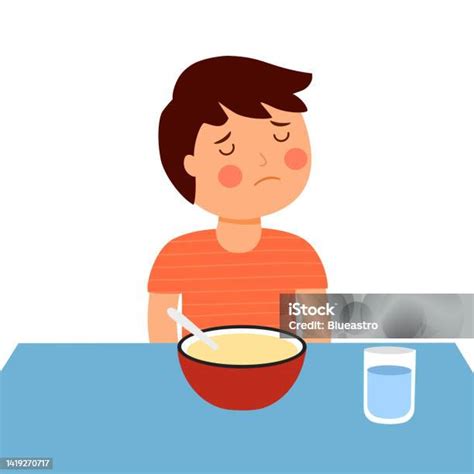 소년 아이는 흰색 배경에 배고픈 개념 벡터 일러스트레이션을 느끼지 않습니다 아이들은 먹고 싶지 않습니다 식욕이 없습니다 먹기에