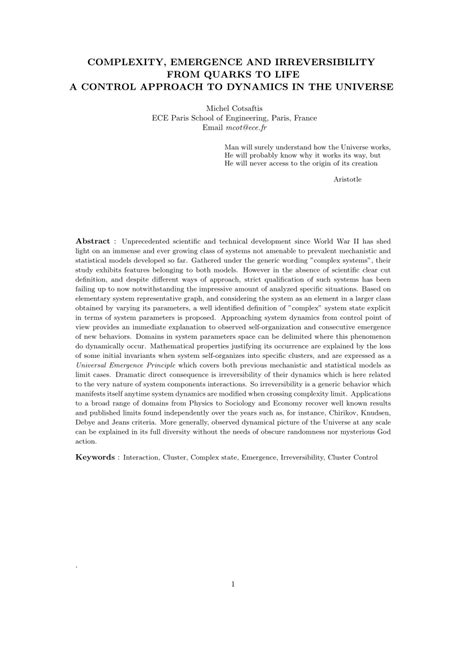 Pdf Complexity Emergence And Irreversibility From Quarks To Life A Control Approach To