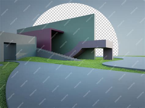 Premium Psd Geometric Shapes Structure With Gray Concrete Floor On Green Grass Lawn Abstract