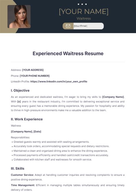 Free Experienced Waitress Resume Template To Edit Online
