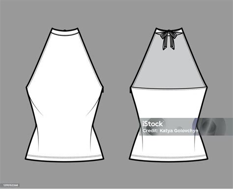 탑 크롭 하이 넥 홀터 탱크 코튼 저지 테크니컬 패션 일러스트와 활 슬림 핏 허리 길이 플랫 0명에 대한 스톡 벡터 아트 및
