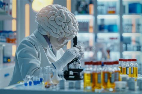 A Scientist With A Brain Shaped Head Studies Samples Under A Microscope