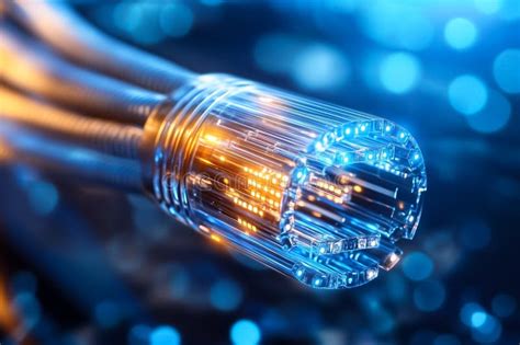 Glowing Fiber Optic Cables Showcase Their Detailed Structure Radiating Blue Light In A High
