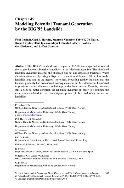 Pdf Modeling Potential Tsunami Generation By The Big95 Landslide