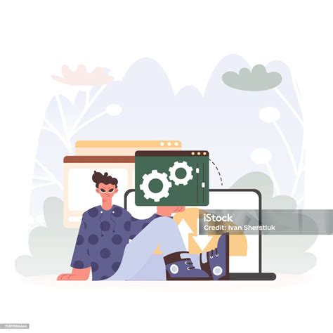 기어와 토크가 있는 브라우저 창을 들고 있는 남자의 벡터 차트는 기술 및 진행 개념에 이상적입니다 개념에 대한 스톡 벡터 아트 및 기타 이미지 Istock