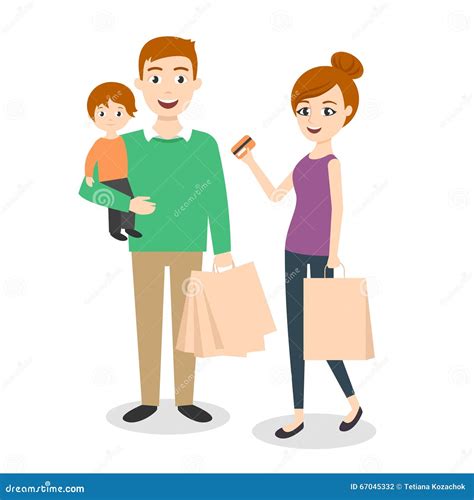 Иллюстрация вектора семьи мама папа и сын Хозяйственные сумки Покупки семьи с кредитной