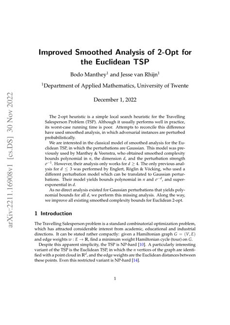 Pdf Improved Smoothed Analysis Of 2 Opt For The Euclidean Tsp