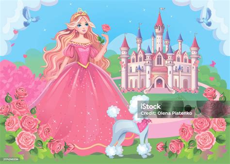 아름 다운 동화 공주 성 무지개 및 멋진 꽃 초원과 핑크 사탕 배경 소녀를 위한 벽지 원더랜드 어린이용 인쇄 또는 스티커에 대한