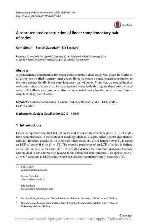 a concatenated construction of linear complementary pair of codes request pdf
