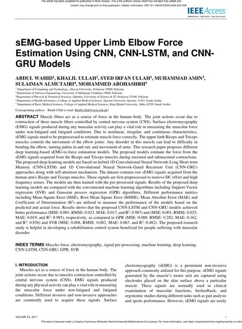 Pdf Semg Based Upper Limb Elbow Force Estimation Using Cnn Cnn Lstm And Cnn Gru Models