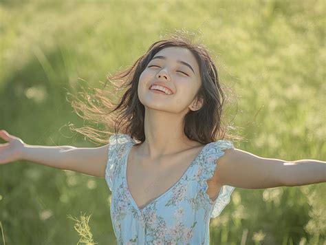 그녀의 팔을 뻗은 행복한 소녀는 웃으며 미소를 지으며 푸른 잔디 머리 앞에서 하늘을 바라 보면서 뒤에 흐릅니다 행복하다 여자 무기 배경 일러스트 및 사진 무료 다운로드