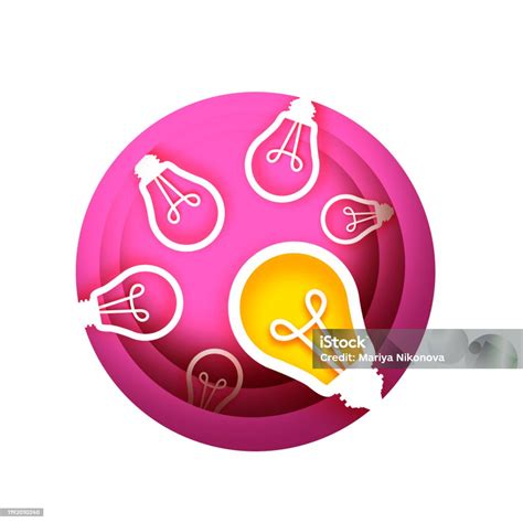 종이 공예 스타일에 전구 조명 아이디어 창의력 시작 브레인 스토밍 비즈니스에 대한 종이 접기 밝은 전구 분홍색 레이어링 된 원