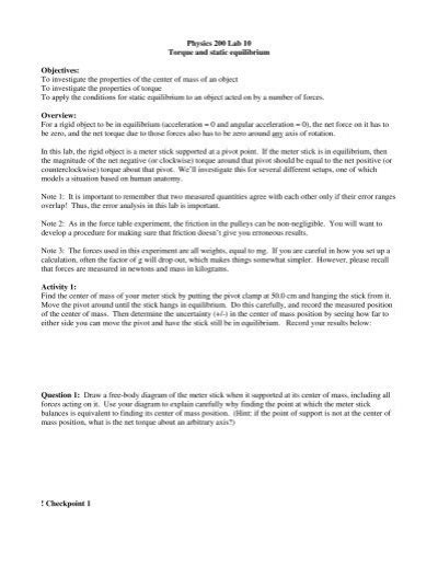 Physics Lab Torque And Static Equilibrium Objectives To