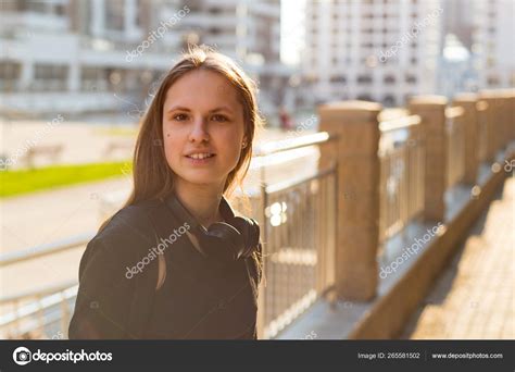 Outdoor Portrait Young Teenager Brunette Girl Long Hair Girl City