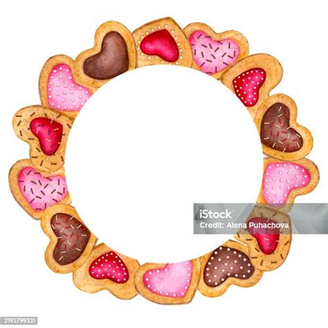 둥근 하트 모양의 쿠키 프레임입니다 수채화 손으로 그린 프레임 카드 초대장 포스터 배너 메뉴 발렌타인 데이 생일 어린이 회 흰색 배경에 고립되어 있습니다 0명에 대한 스톡