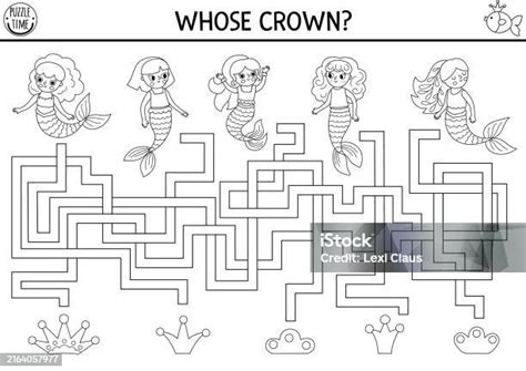 왕관을 가진 아이들을 위한 인어 흑백 미로 해양 유치원 인쇄 가능한 활동 동화 바다 왕국 미로 게임 색칠 공부 페이지 바다 공주가 있는 라인 워크시트 개인 장식품에 대한