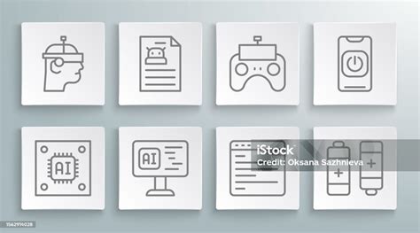 미세 회로 Cpu 기술 사양 소프트웨어 컴퓨터 Api 인터페이스 배터리 원격 제어 전화 및 스마트 안경 아이콘에서 로봇 끄기로 라인 프로세서를 설정하십시오 벡터 Brand