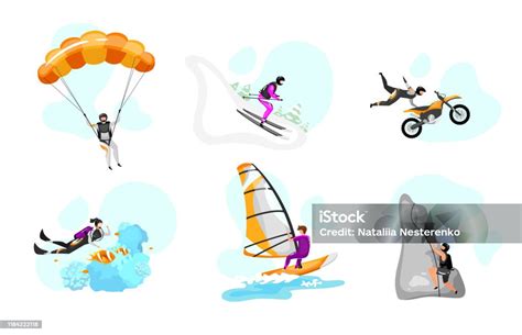 익스트림 스포츠 플랫 벡터 일러스트 세트입니다 낙하산 행 글라이딩 서핑 스쿠버 다이빙 활강 스키 암벽 등반 오토바이 묘기 야외 활동 고립 만화 캐릭터 행글라이딩에 대한 스톡