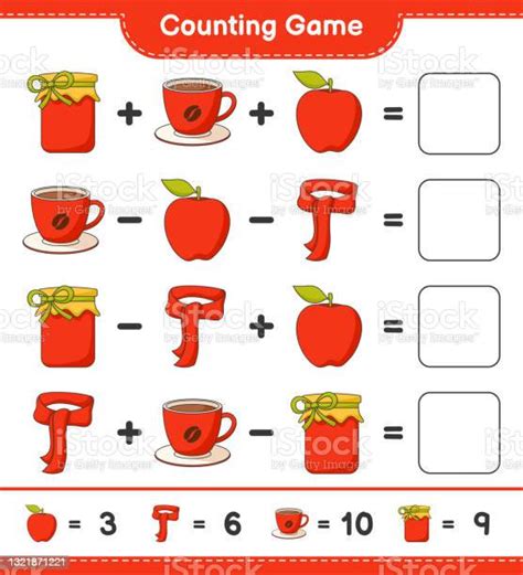 게임을 계산 잼의 수를 계산 커피 컵 애플 스카프와 결과를 작성합니다 교육 어린이 게임 인쇄 워크 시트 벡터 일러스트레이션 0명에 대한 스톡 벡터 아트 및 기타 이미지