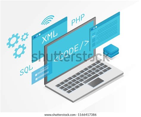Web Development Isometric Concept Laptop Virtual Stock Vector Royalty