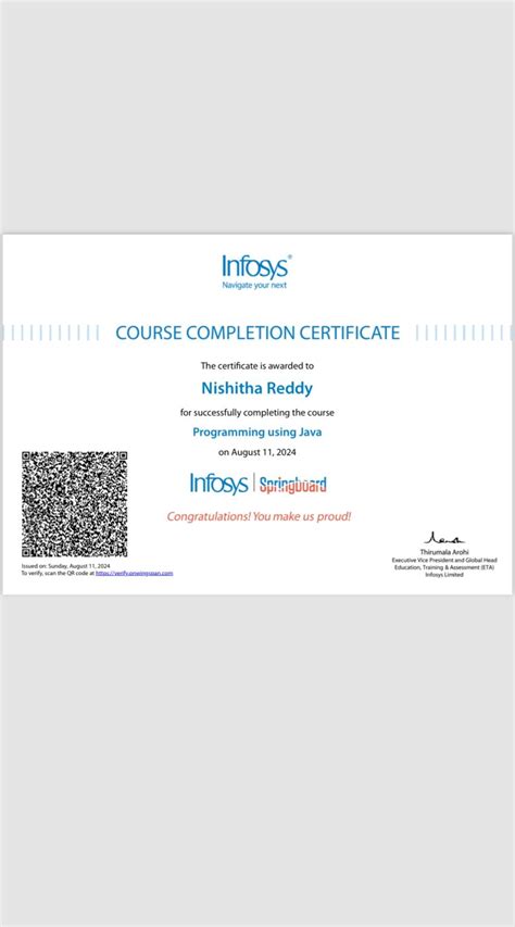 Receiving This Infosys Certification Is A Significant Achievement That Validates My Expertise In