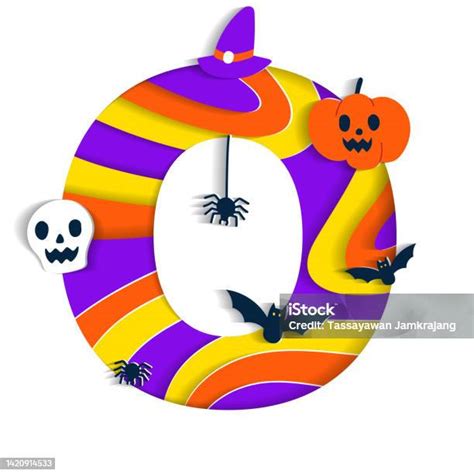 해피 할로윈 O 알파벳 파티 글꼴 타이포그래피 캐릭터 만화 화려한 3d 레이어 종이 컷 아웃 유형 디자인 축하 벡터 일러스트 레이 션 해골 호박 박쥐 마녀 모자 스파이더