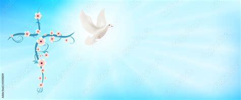 Flowered Christian Cross And Flying Dove Christian Sign Easter Sign