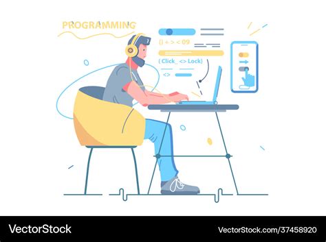 Man Developer Coding And Chatting Laptop Vector Image
