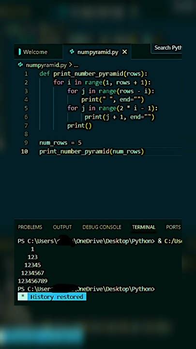 number pyramid shape in python python pythonprogramming code