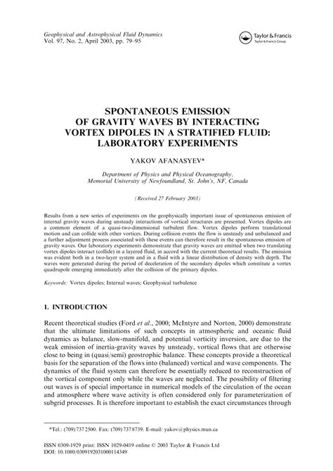 Pdf Spontaneous Emission Of Gravity Waves By Interacting Vortex Dipoles In A Stratified Fluid