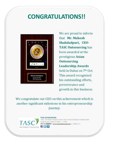 Tasc Outsourcing On Linkedin Congratulations Mr Mahesh Shahdadpuri