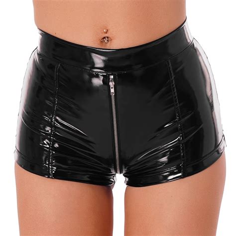 Yizyif Womens Latex Booty Shorts High Rise Zipper Hot Pants Night Club