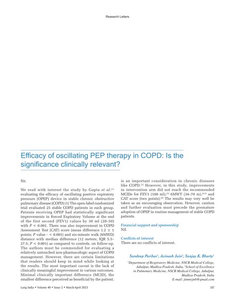 Pdf Efficacy Of Oscillating Pep Therapy In Copd Is The Significance Clinically Relevant