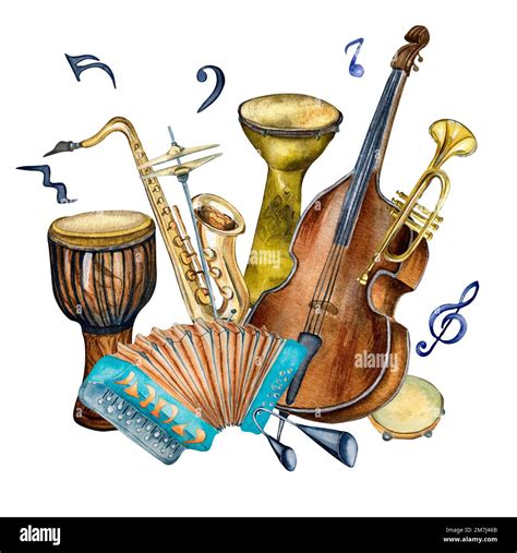 Composition Of Jazz Musical Instruments And Signs Watercolor Illustration Isolated Accordion