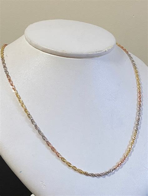 10k Tri Color Gold Necklace Multi Link Curb Chain Lobster Lock