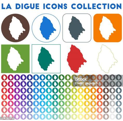 La Digue 아이콘 컬렉션 밝고 다채로운 트렌디한 지도 아이콘입니다 섬 지도가 있는 현대 La Digue 배지 벡터 일러스트 레이 션입니다 0명에 대한 스톡 벡터 아트