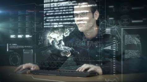man working on computer with digital data and world map overlay