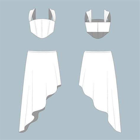하이 로우 스커트 및 코르셋 탑 패션 플랫 기술 스케치 드로잉 템플릿 Cad 복장 디자인 벡터 일러스트레이션 템플릿 의류 의류