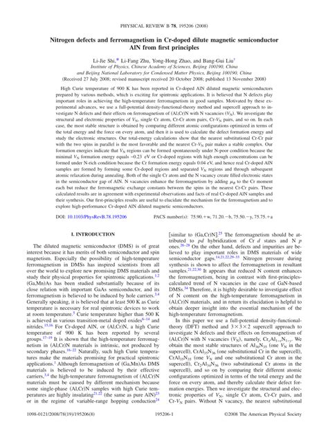 Pdf Nitrogen Defects And Ferromagnetism In Cr Doped Dilute Magnetic Semiconductor Aln From